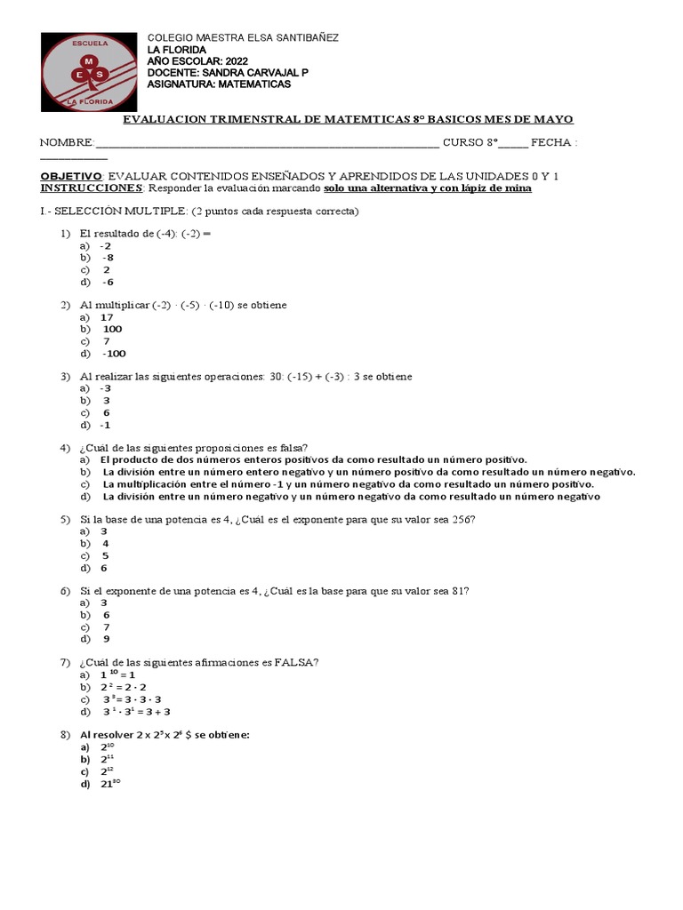 Evaluación trimestral de matemáticas 8° básicos sobre operaciones algebraicas, potencias, áreas ...