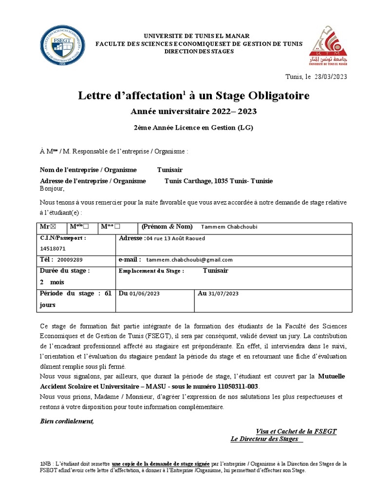 Formulaire Lettre Affectation Stage Obligatoire 20222023 | PDF