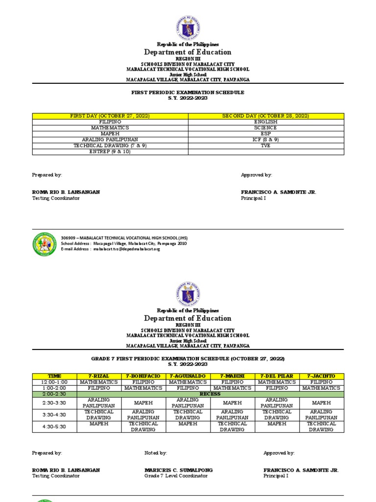 1st Periodic-Examination Schedule 2022-2023 | PDF | Middle Schools ...
