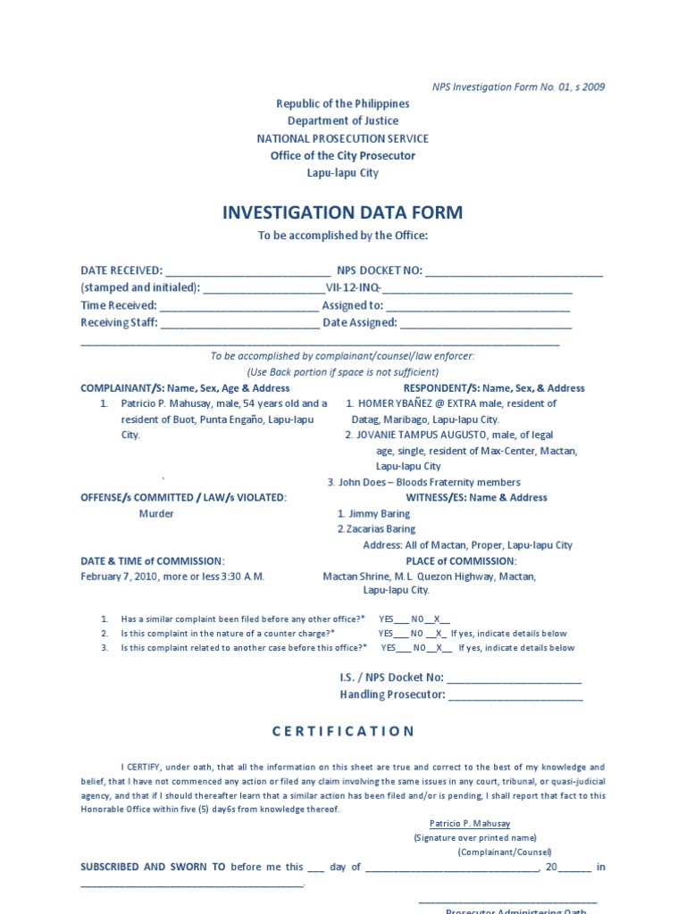 NPS Investigation Form No | PDF