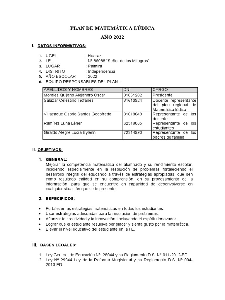 Plan de Matemática Lúdica 2022 | PDF | Enseñando | Aprendizaje