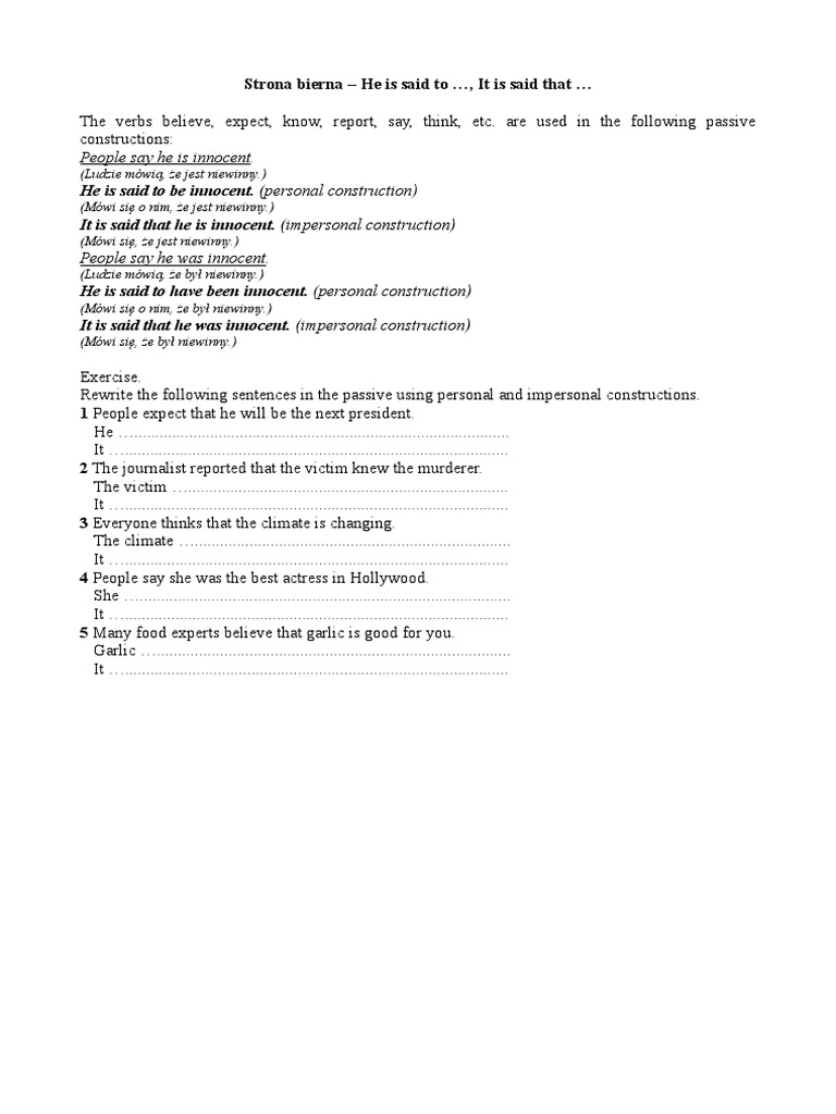 Passive Voice: "He is said to" Exercises | PDF