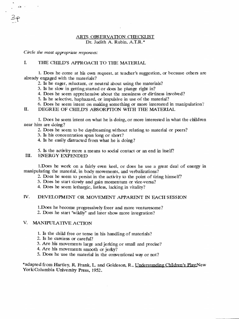 Arts Observation Checklist for Children | PDF