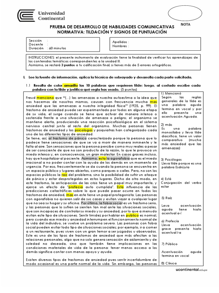 Prueba de Desarrollo - Unidad 3 HABILIDADES COMUNICATIVAS | PDF