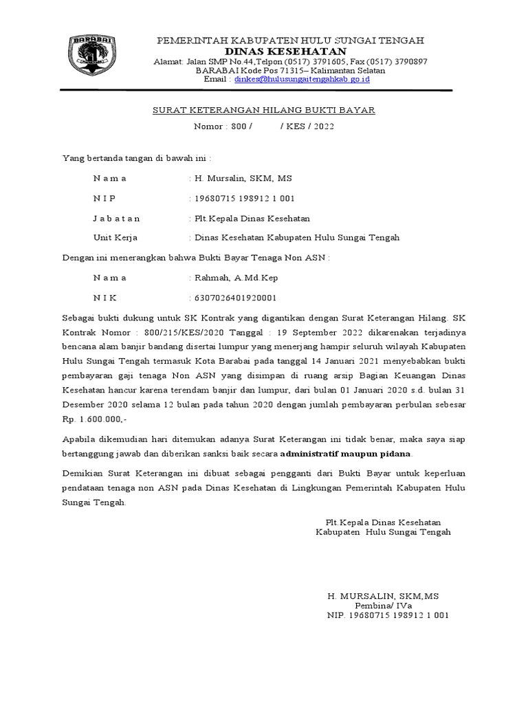 Lia SURAT KET HILANG BUKTI BAYAR Edit | PDF