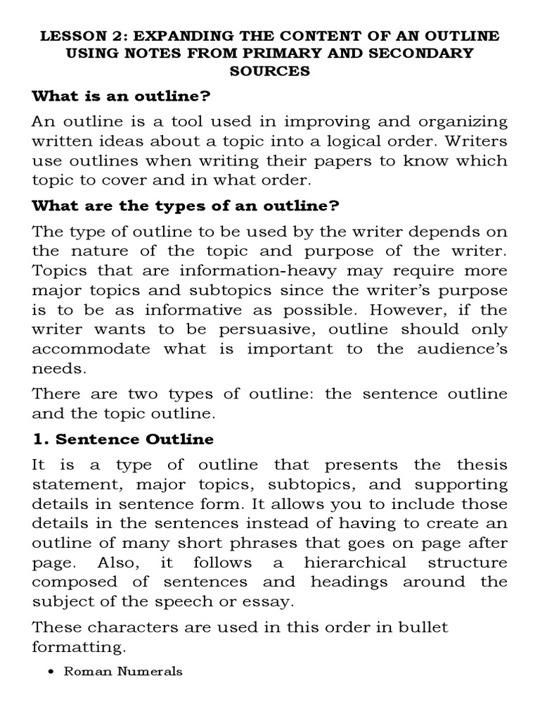 Lesson 2 - Expanding The Content of An Outline Using Notes From Primary ...