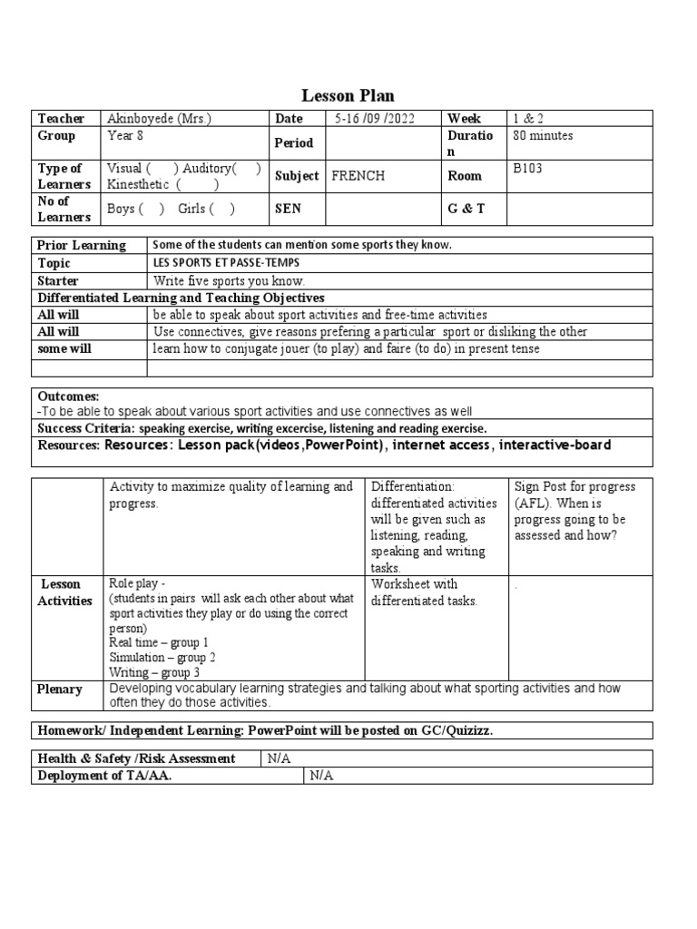 Year 8 French Lesson Plan: Sports | PDF | Lesson Plan | Learning