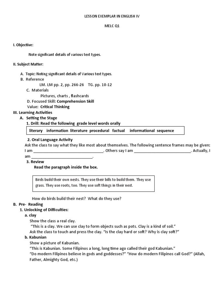 Eng4 - MELC Q1 - 3note Significant Details of Various Text Types. | PDF | Food And Drink ...