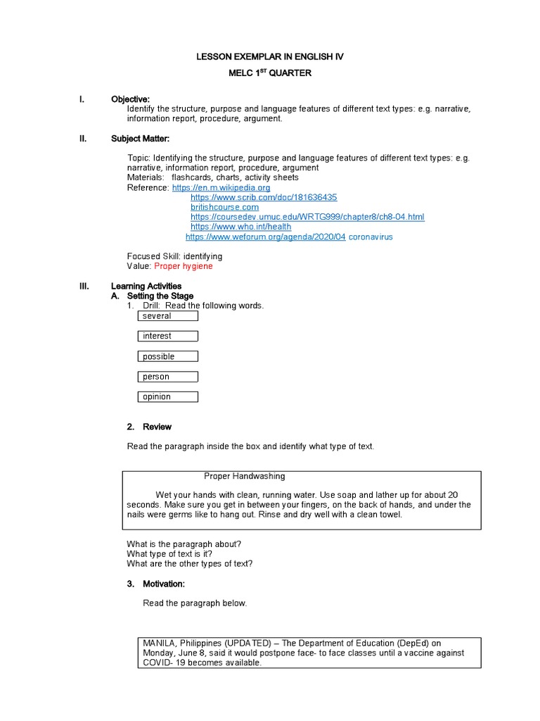 Eng4 MELC Q1 - 4 Identify The Structures Purpose Language Features of Different Text Types | PDF ...