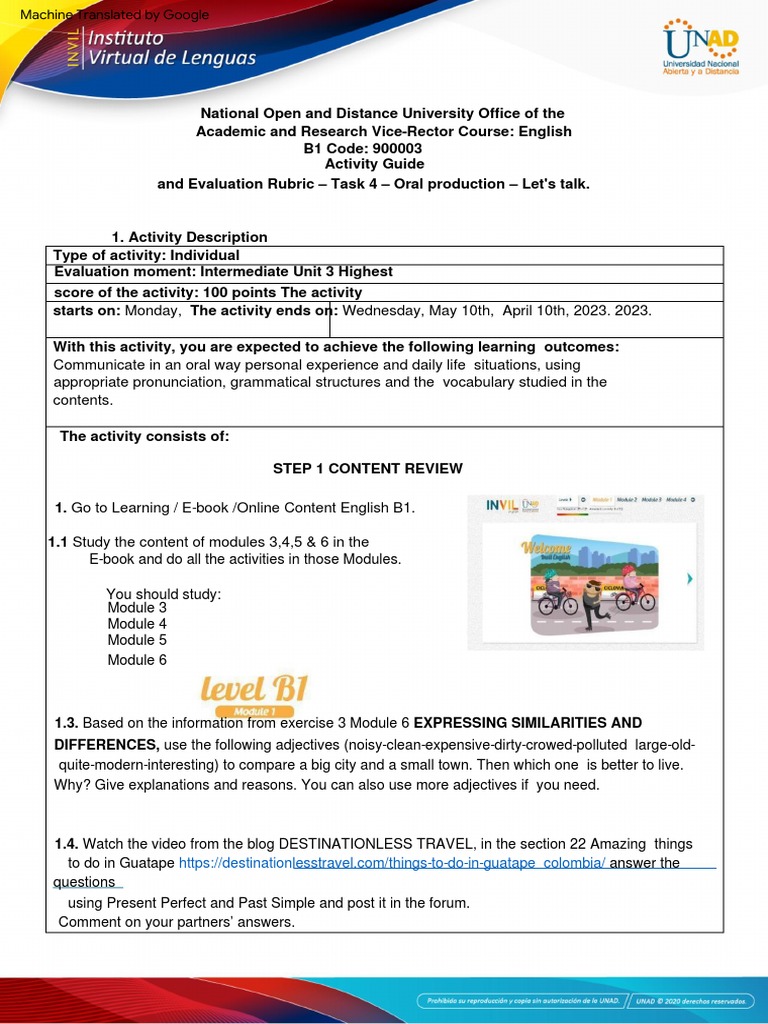 Activities Guide and Evaluation Rubric - Unit 3 - Task 4 - Oral Production - Lets Talk | PDF ...