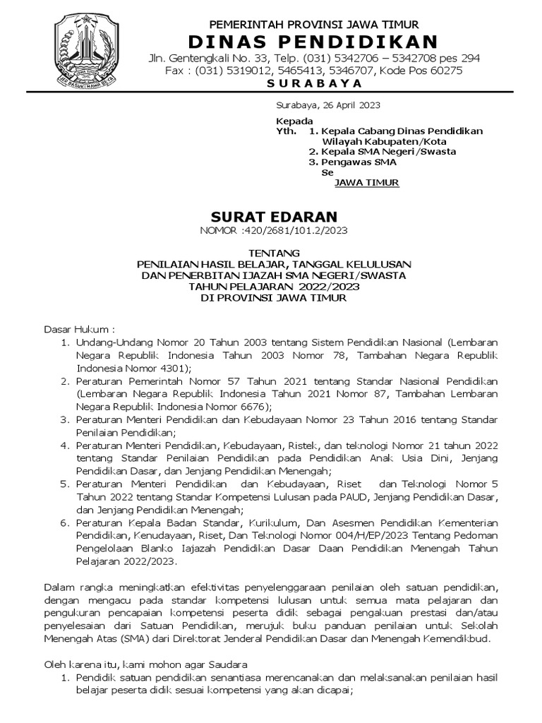 Surat Edaran Kelulusan Sma Provinsi Jawa Timur Tahun Pelajaran 2022 2023 | PDF