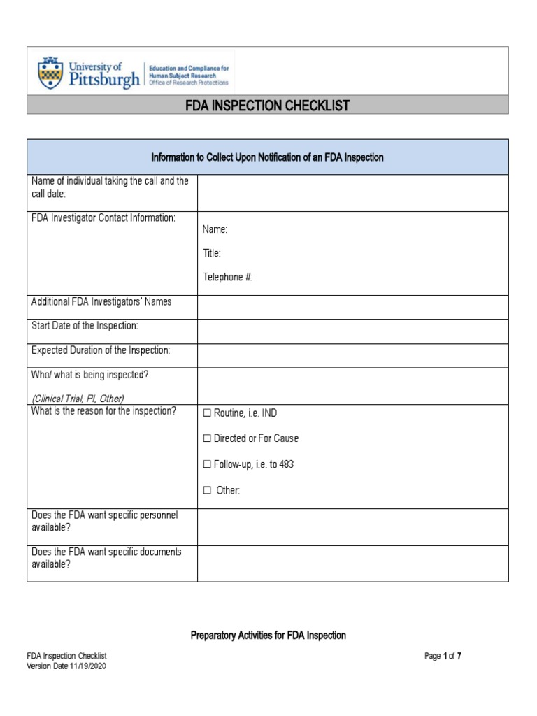 Fdainspectionchecklist 11.12.20 Final | PDF | Food And Drug ...