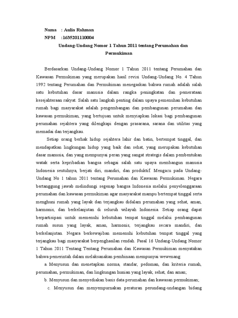 Resume Pasal 16, 17, 18 Undang Undang Nomor 1 Tahun 2011 Permukiman | PDF