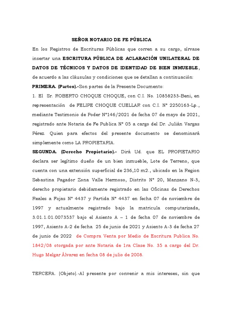 Contrato Unilateral de Rectificacion de Datos Tecnicos | PDF | Derecho ...