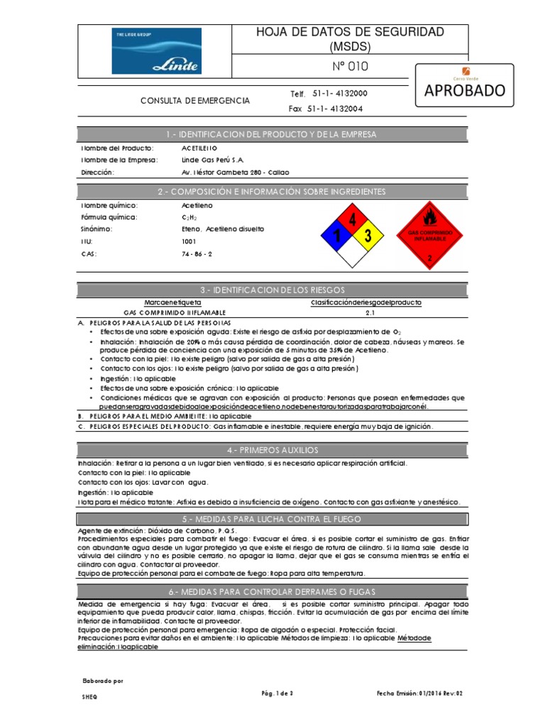 Acetileno LINDEGAS FDS | PDF | Oxígeno | Gases