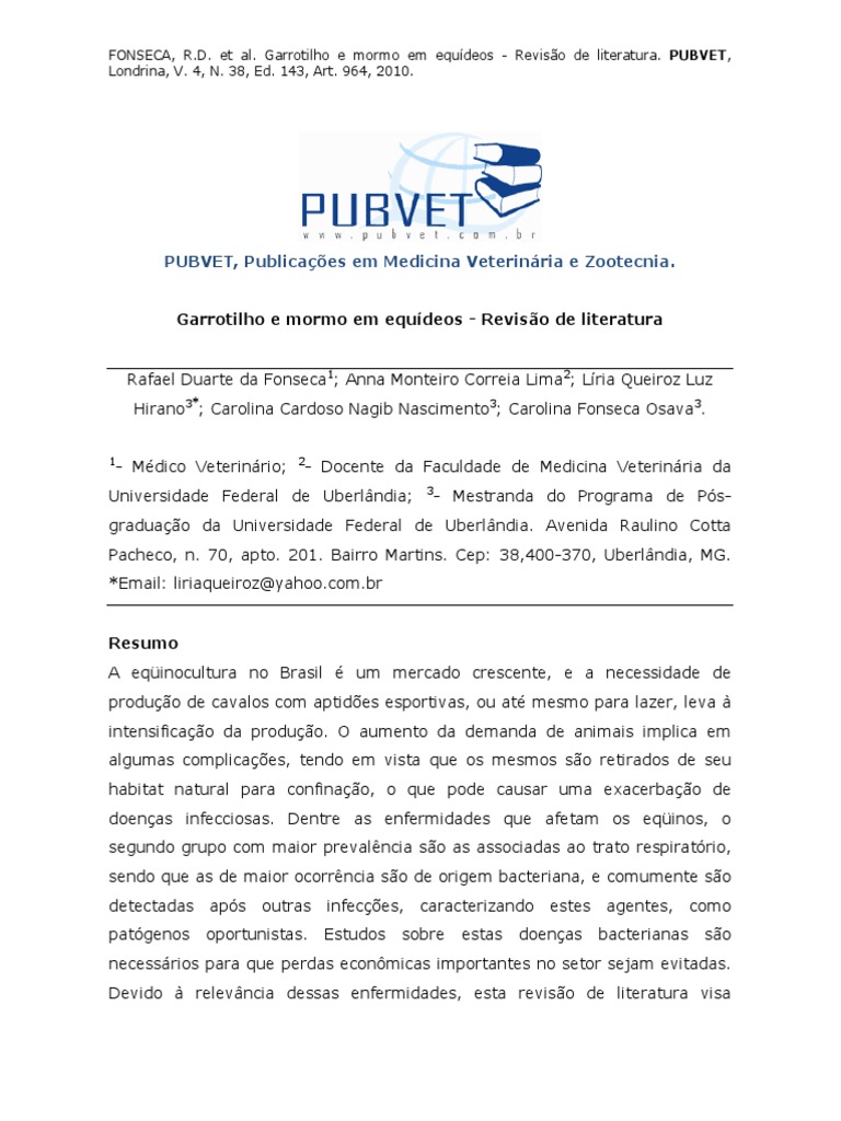 Garrotilho e Mormo em Equídeos: Revisão | PDF | Medicina Veterinária ...