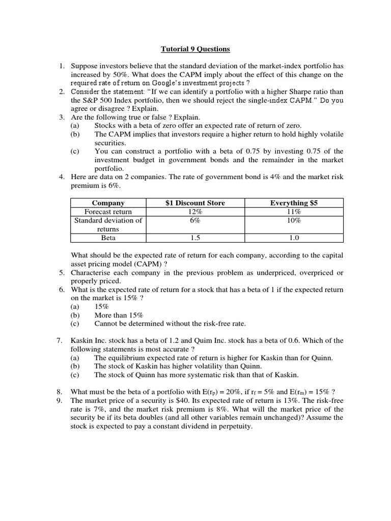 Tutorial 9 Questions | PDF | Capital Asset Pricing Model | Beta (Finance)
