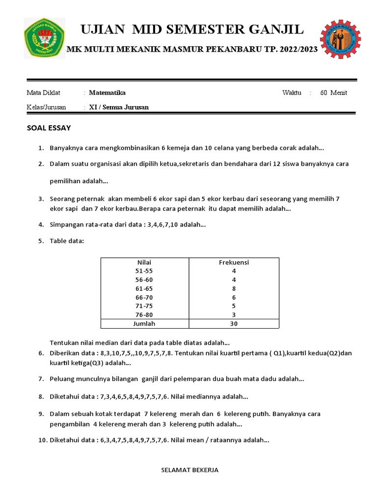 UJIAN MID SEMESTER GANJIL SMK MULTI MEKANIK MASMUR PEKANBARU TP. 2022/2023 | PDF
