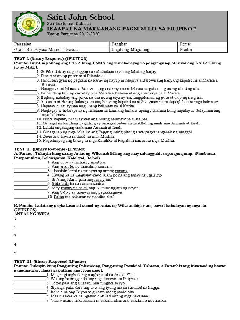Sample Test Questions - Sy 2019-2020 Filipino | PDF