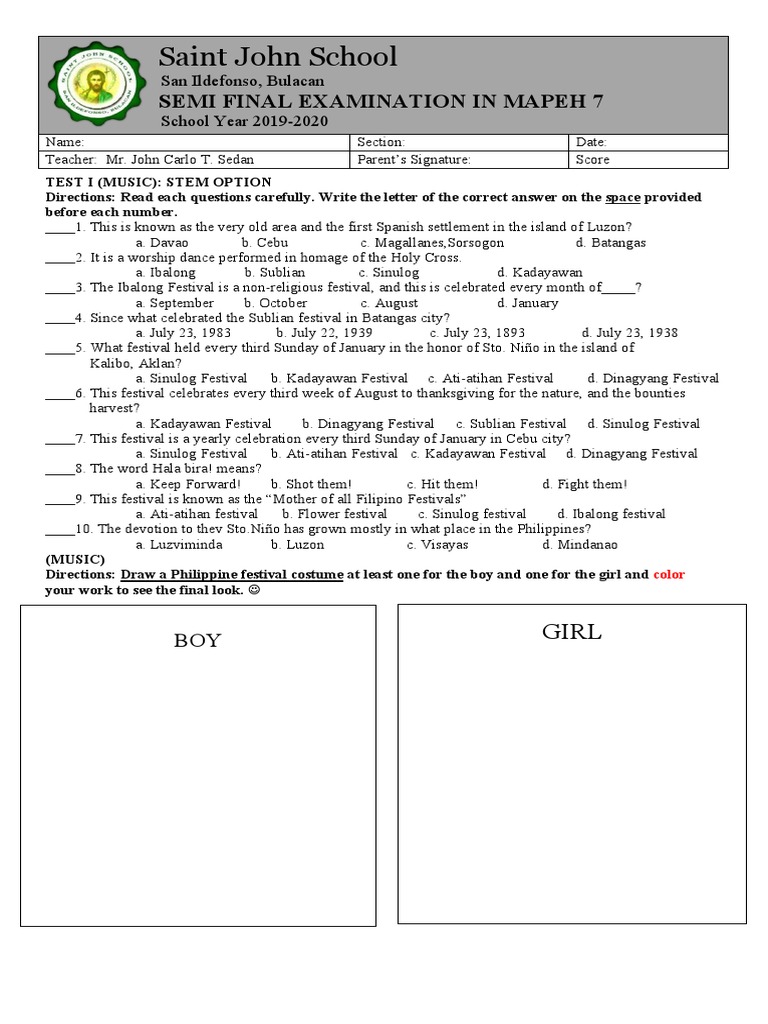 Sample Test Questions - Sy 2019-2020 Mapeh | PDF