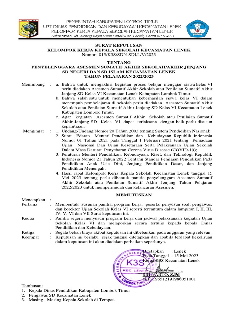 SK Asesmen Sumatif Akhir Sekolah Atau Akhir Jenjang SD Kec Lenek | PDF