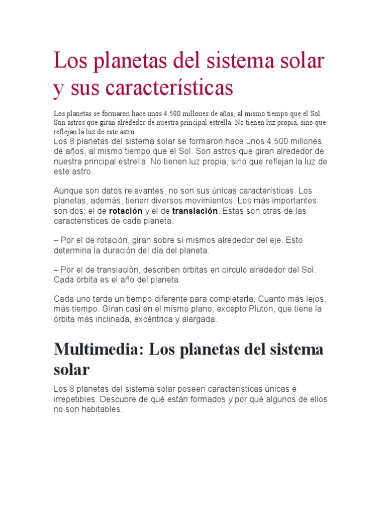 Los Planetas Del Sistema Solar y Sus Caracteristicas | PDF