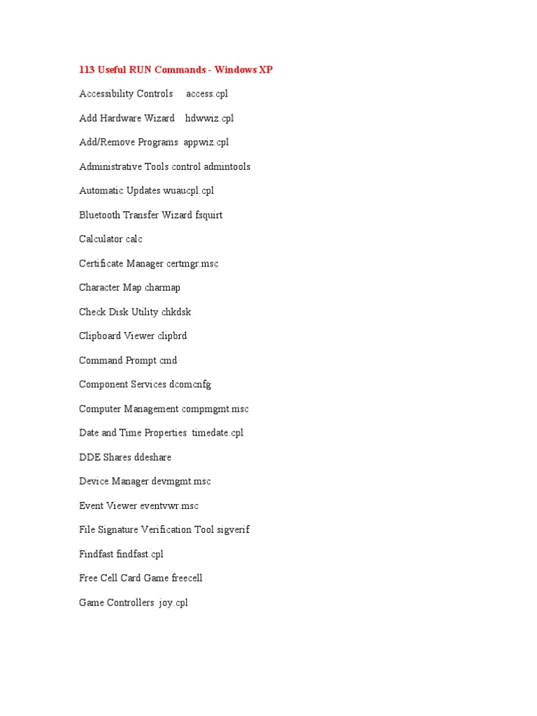 113 Useful RUN Commands - Windows XP | PDF | Windows Registry | Microsoft Windows