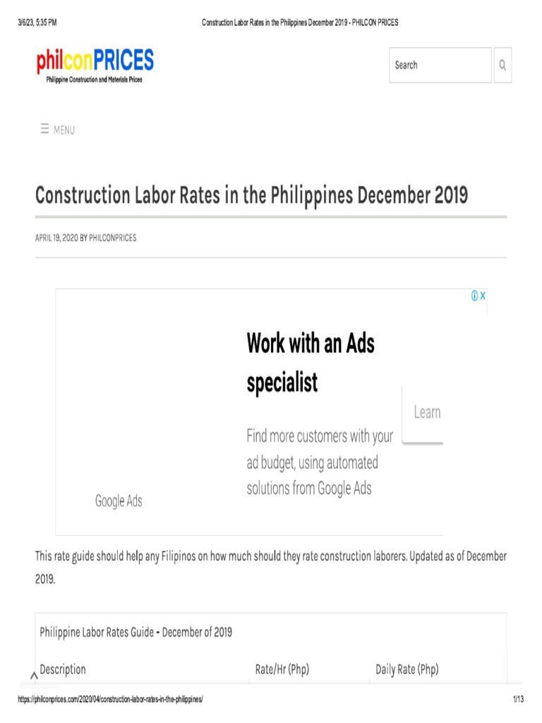 Construction Labor Rates in The Philippines December 2019 - PHILCON ...