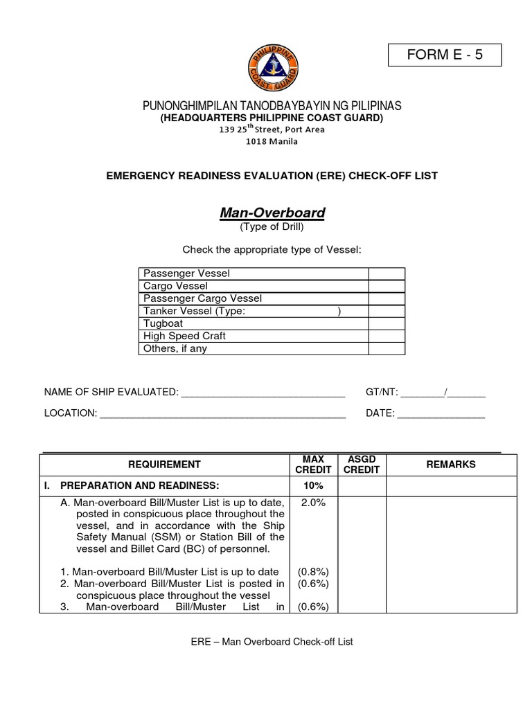 ERE Man-Overboard Checklist | PDF | Water Transport | Ships