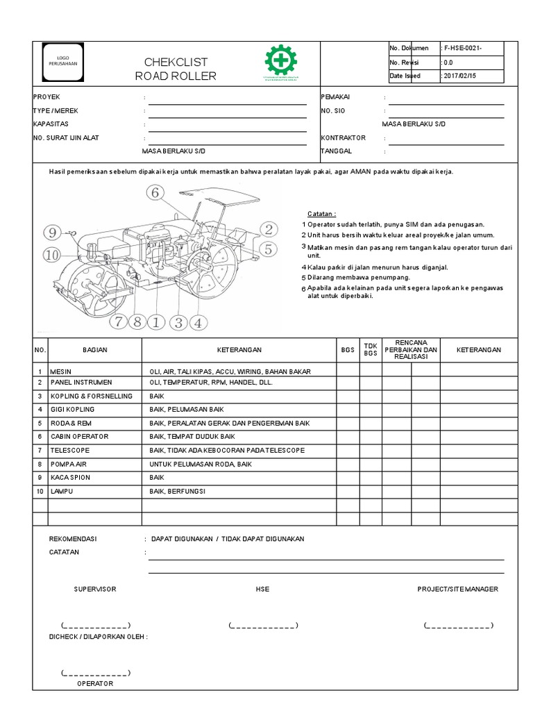Form Checklist Inspeksi Road Roller | PDF