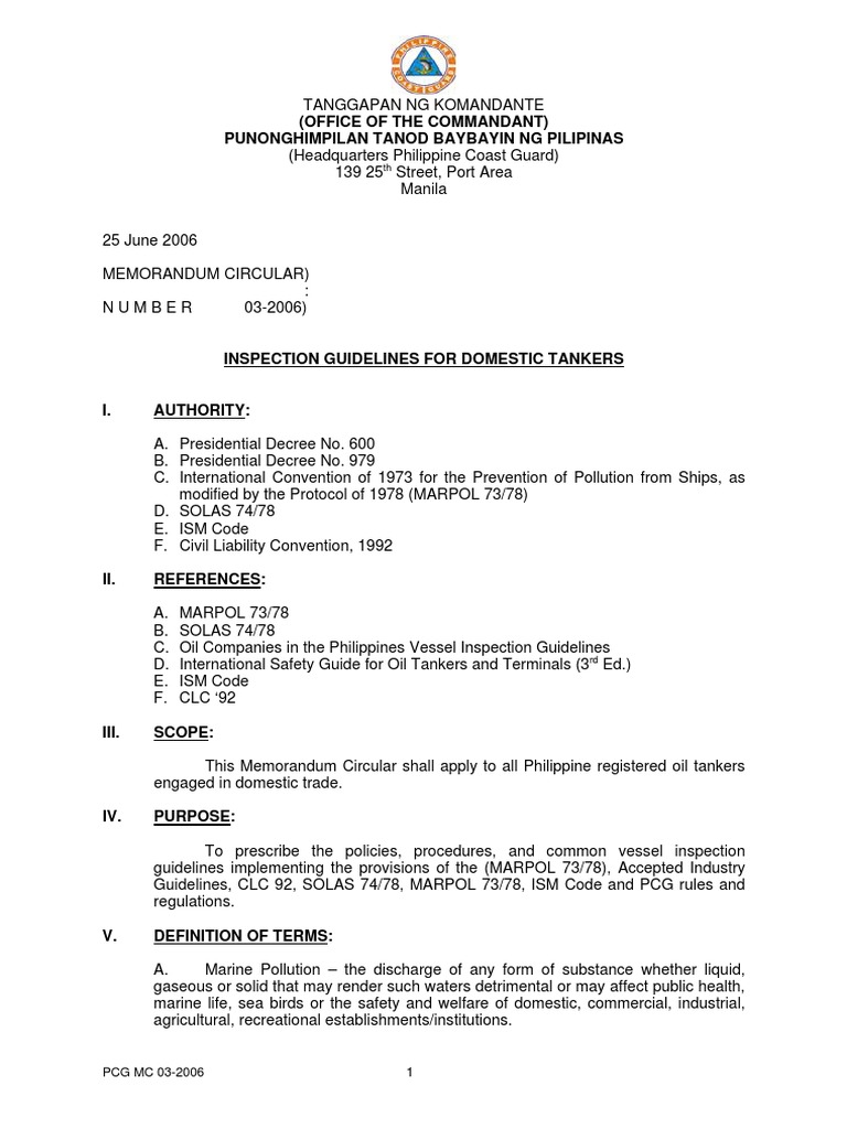 PCG Mcno03-2006 Inspection Guidelines On Domestic Tankers | PDF | Oil ...