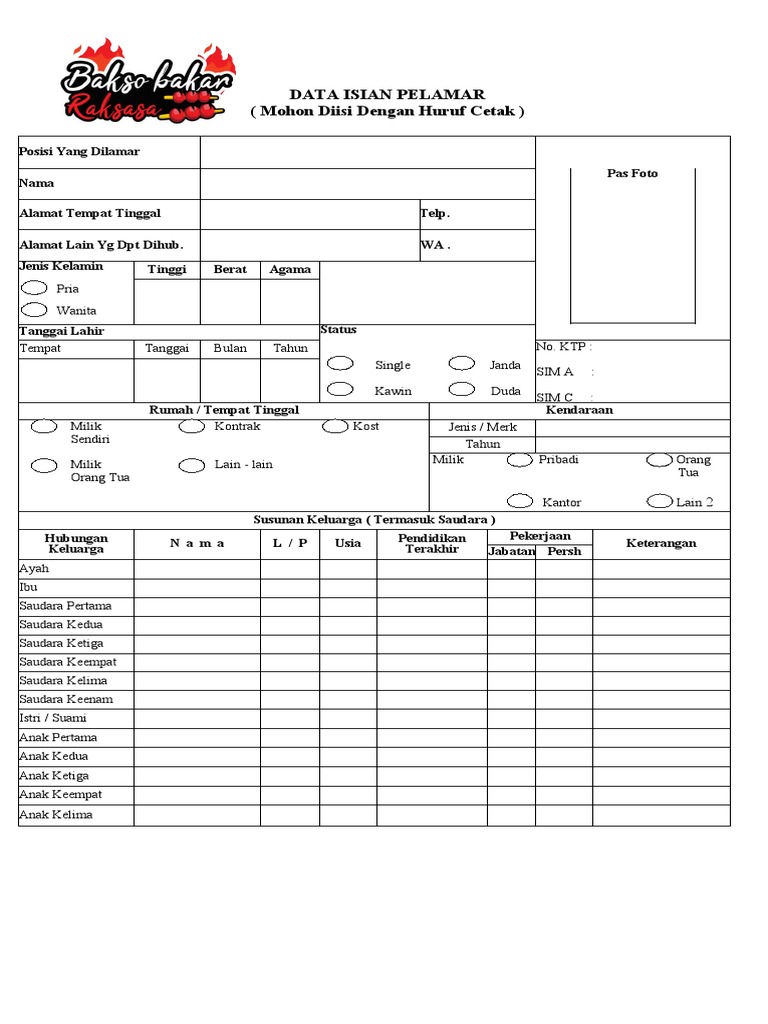 Form Data Isian Pelamar | PDF