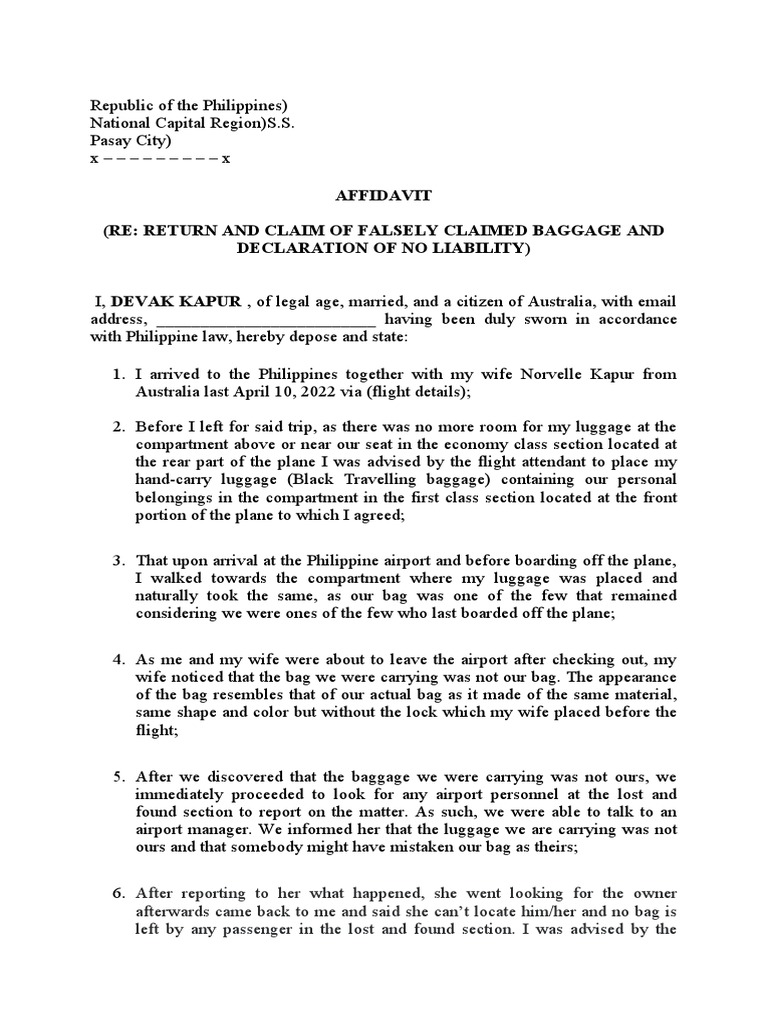 Affidavit Lost Baggage | PDF | Baggage | Common Law