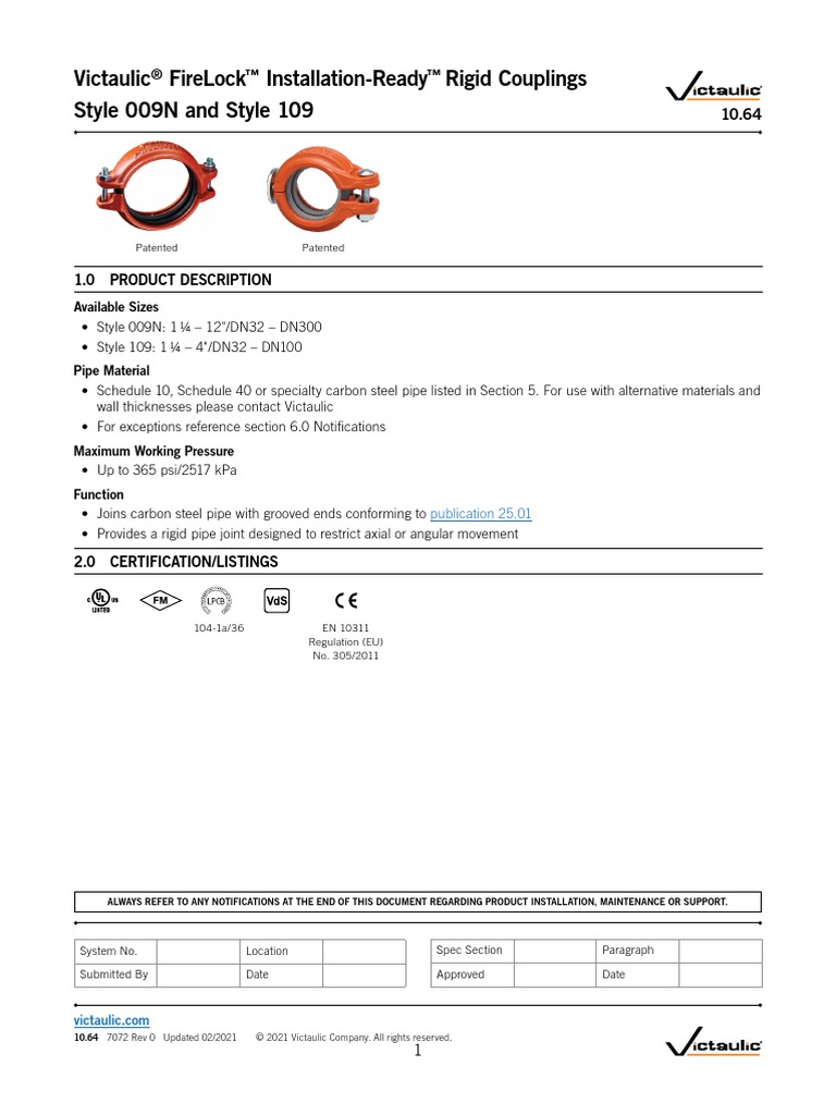 Cople Rigido Marca Victaulic Modelo 009N FireLock EZ Descripcion | PDF