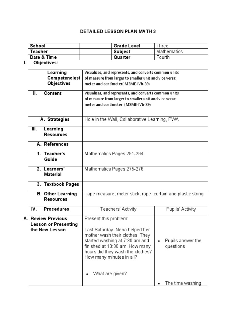 Detailed Lesson Plan Math 3 q4 Converting Meter To Centimeter | PDF