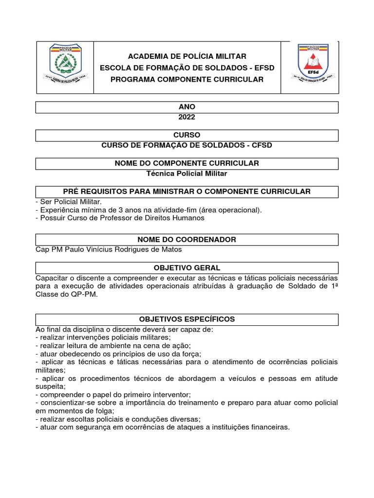 Programa de Componente Curricular - CFSD | PDF | Polícia | Polícia militar