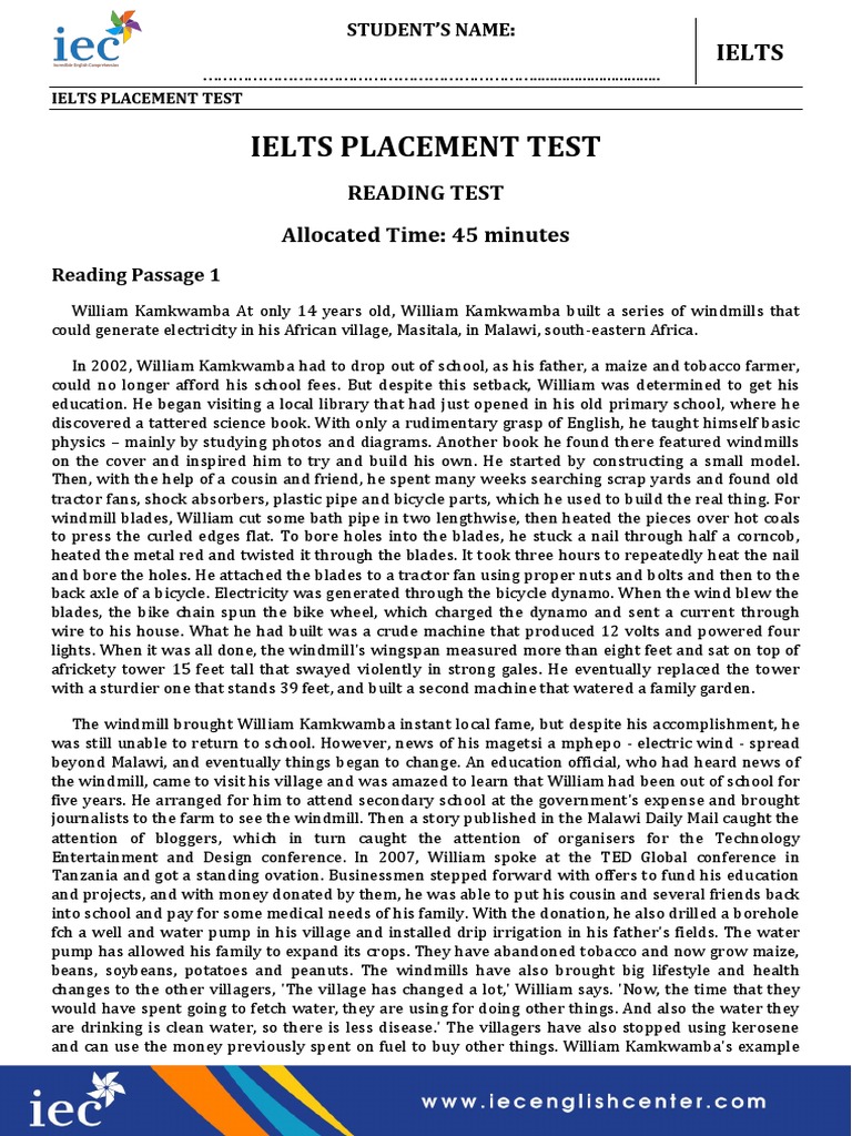 IE Placement Test - Test Paper | PDF | Books | Literacy