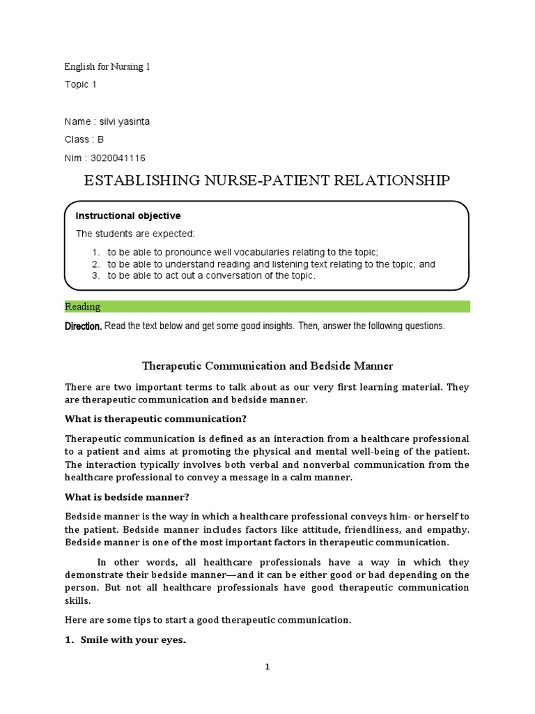 English For Nursing Topic 1 Establishing Nurse-Patient Relationship | PDF