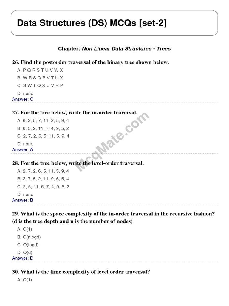 Data Structures (DS) (Chapter - Non Linear Data Structures - Trees) Solved MCQs (Set-2) | PDF ...