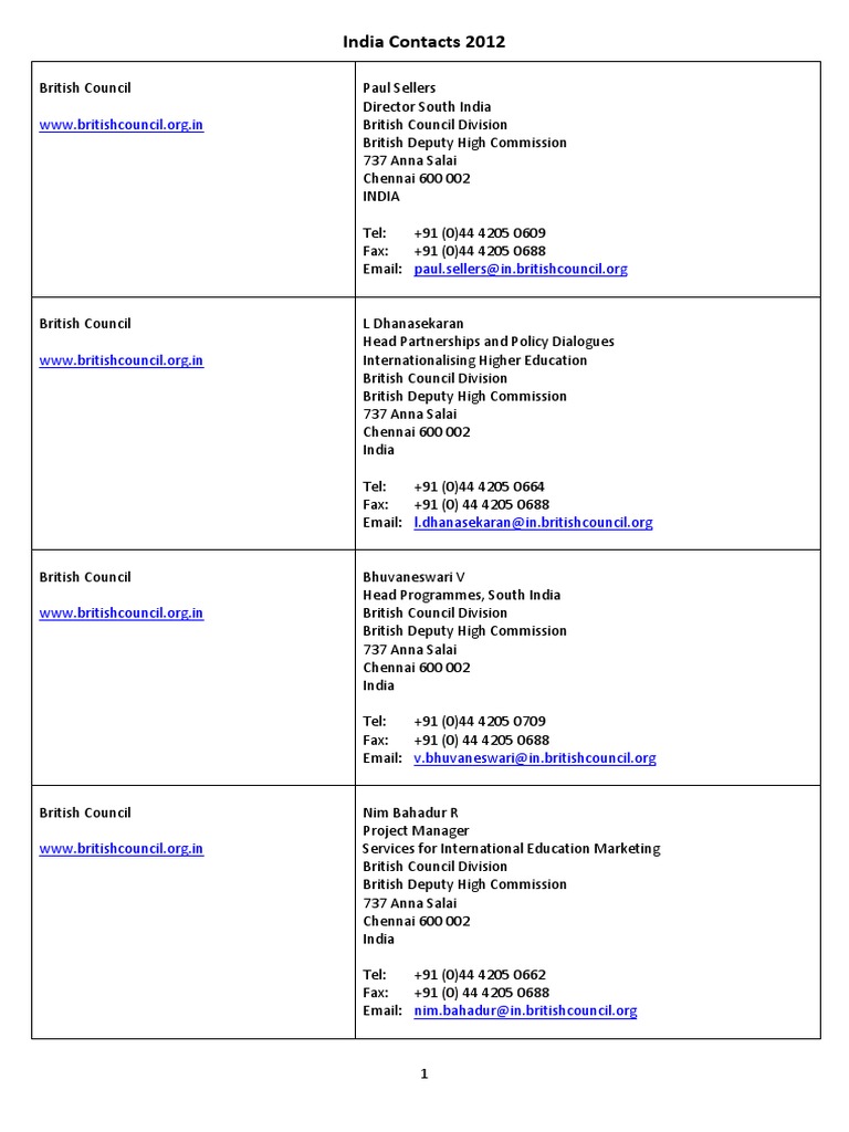 Chennai Contacts for British Council | PDF | Engineering