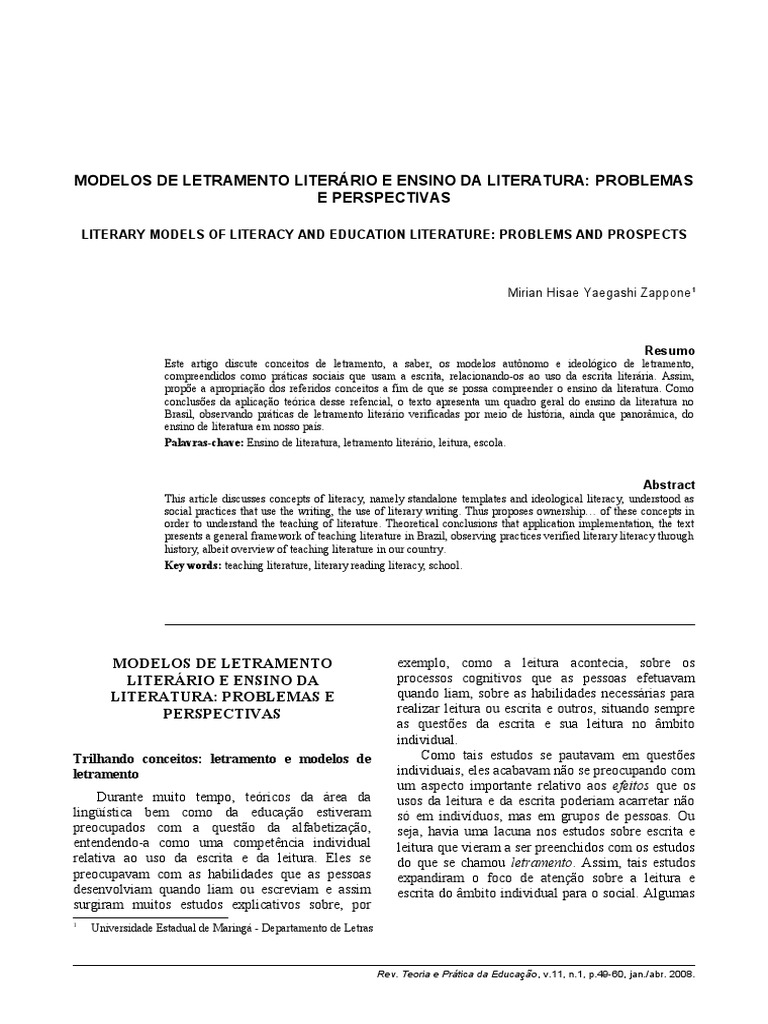 6 Zappone Modelos de Letramento Literário e Ensino Da Literatura ...
