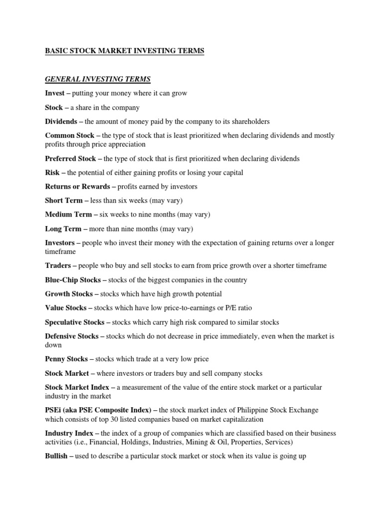 Jayniel - BASIC STOCK MARKET INVESTING TERMS | PDF | Stocks | Investing