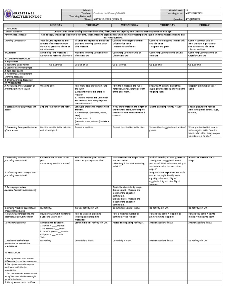 Grade 3 Math Lesson Plan: Unit Conversion | PDF | Kilogram | Learning