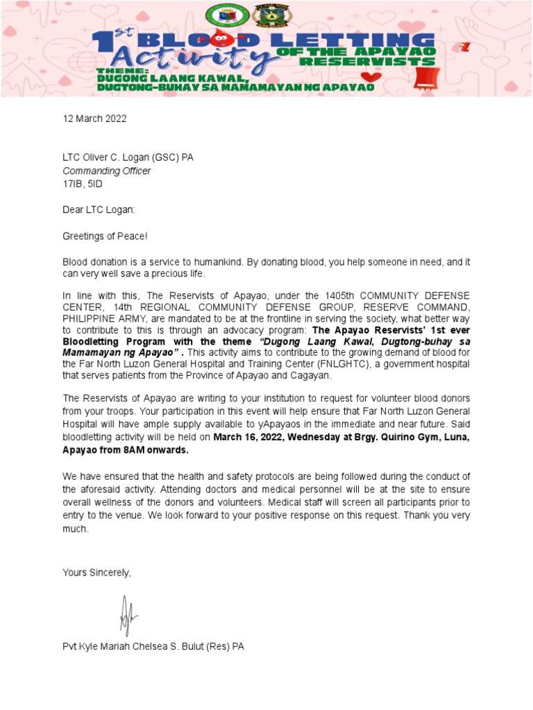 LTCLogan - Bloodletting Apayao Reservists - Invitation Letter | PDF