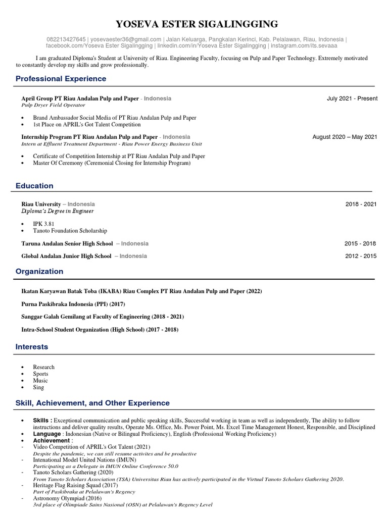CV Yoseva Ester Sigalingging-1 | PDF | Indonesia | Cognition