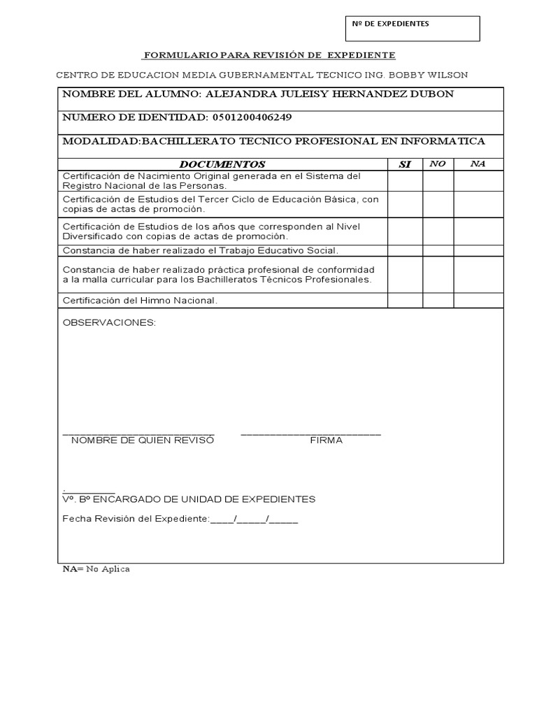 Formulario para Revisión de Expediente | PDF | Educación Secundaria ...