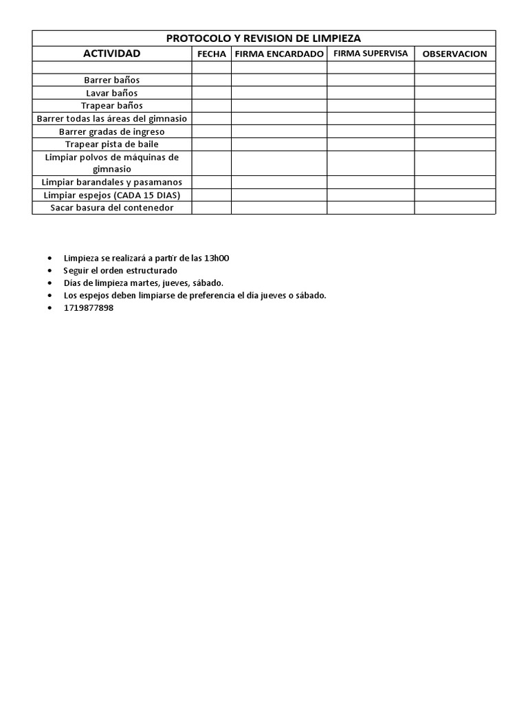 Protocolo y Revicion de Limpieza | PDF