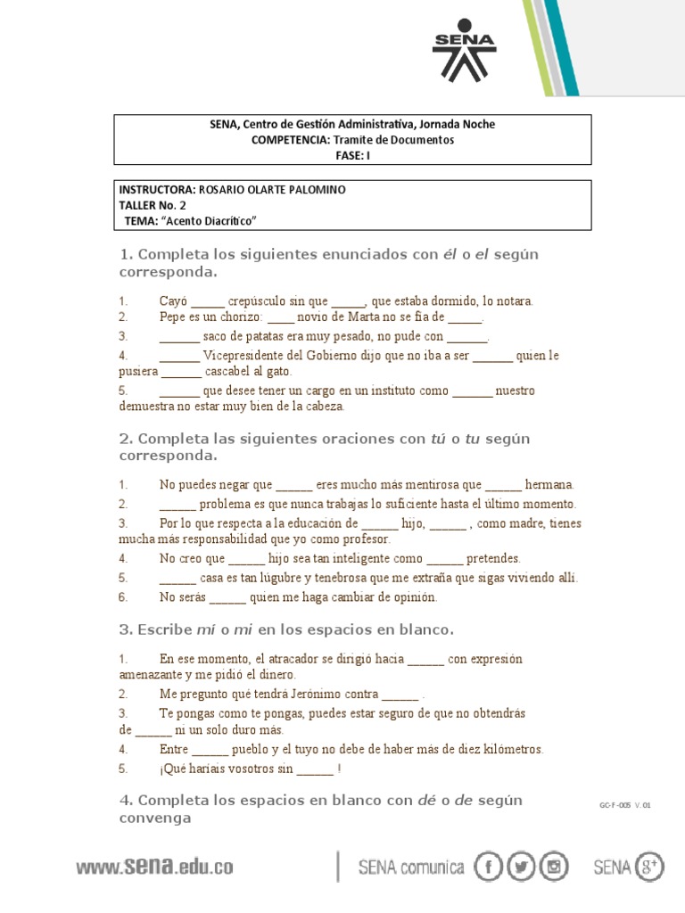 Taller de Acento Diacrítico SENA | PDF | Artes del Lenguaje y ...