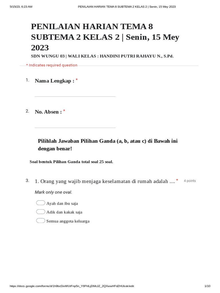 TUGAS TEMA 8 SUBTEMA 2 KELAS 2 - Google Forms | PDF