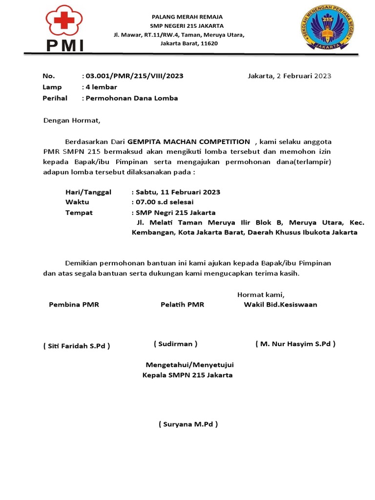 Permohonan Dana Lomba PMR SMPN 215 | PDF